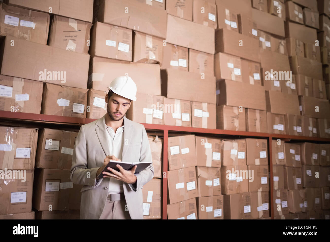 Manager with diary against boxes in warehouse Stock Photo - Alamy