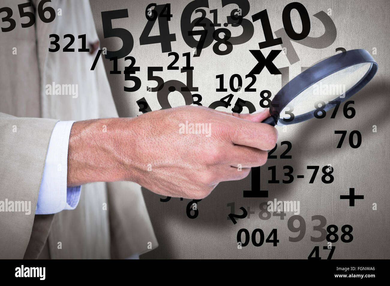 Composite image of spy looking through magnifier Stock Photo - Alamy