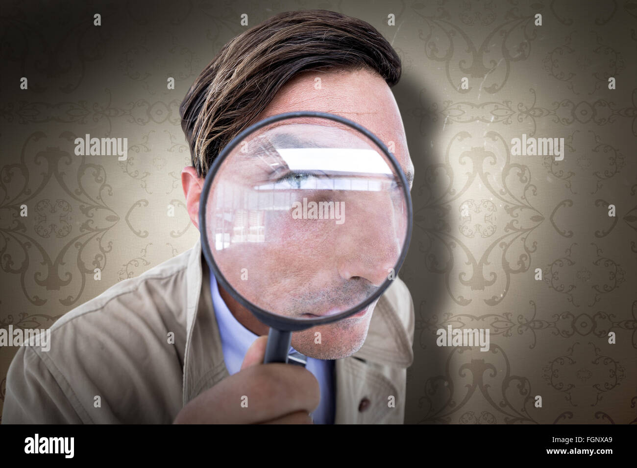 Composite image of spy looking through magnifier Stock Photo - Alamy