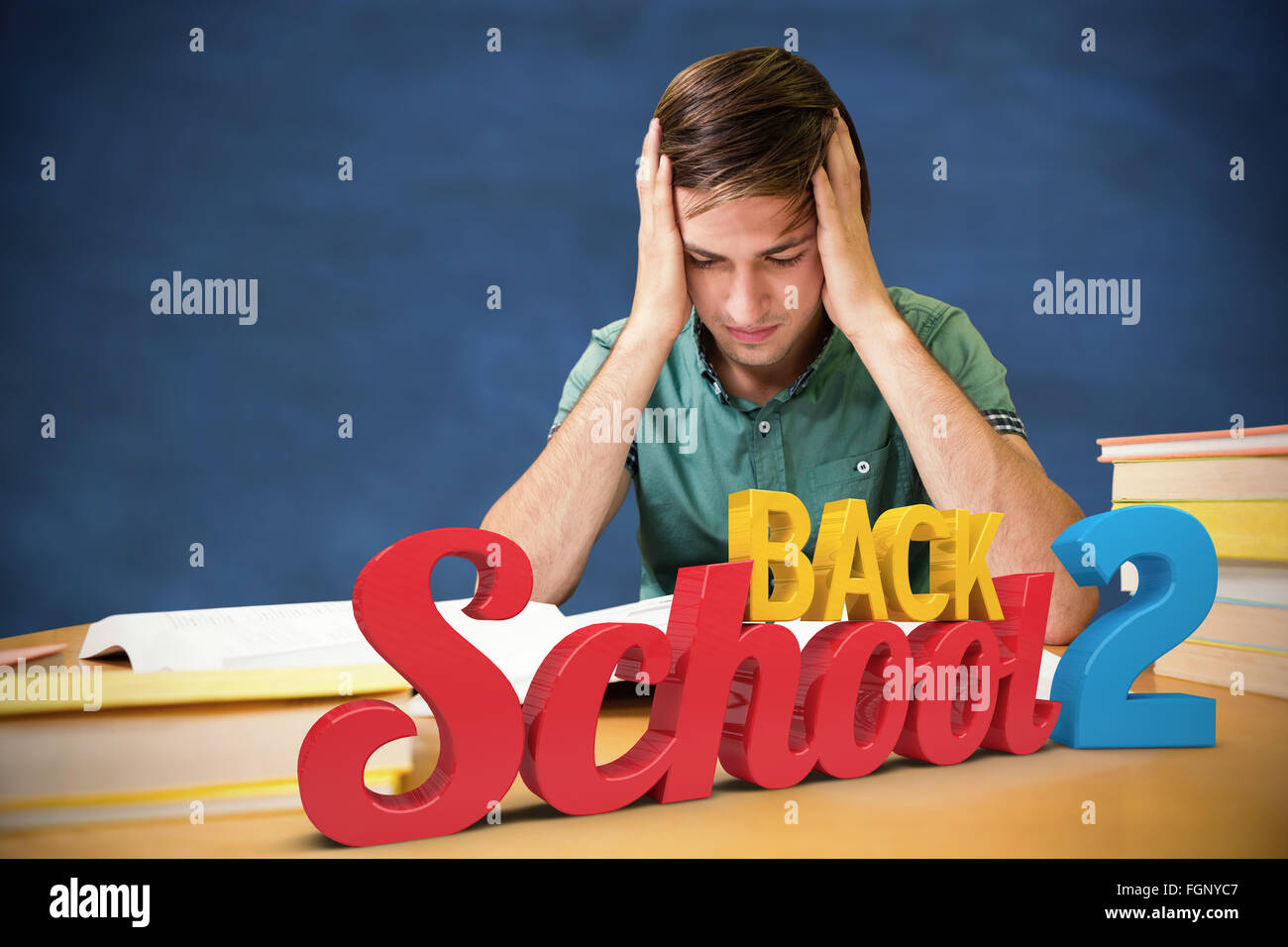 Composite image of student sitting in library reading Stock Photo - Alamy