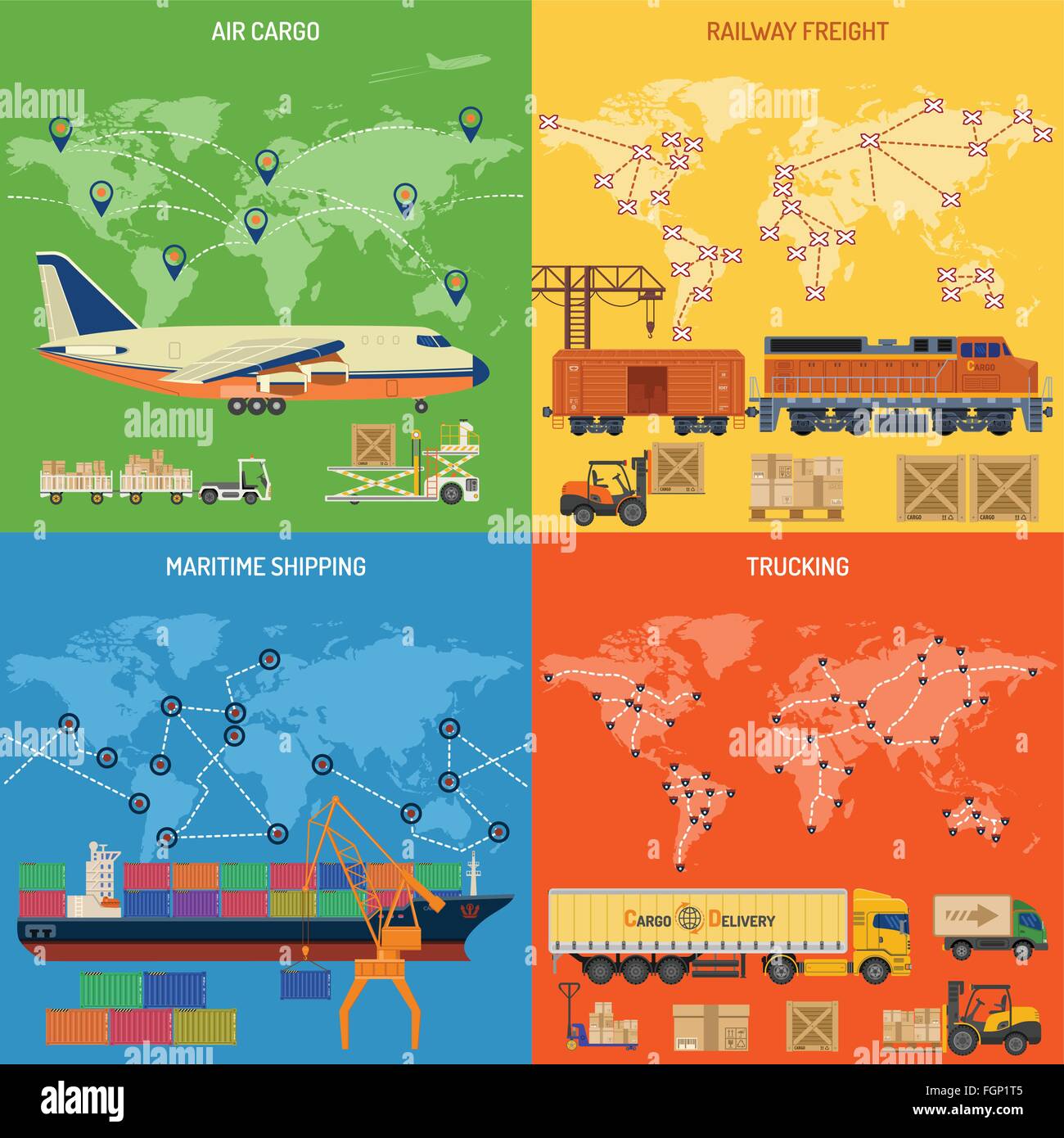 Trucking Industry Banners with Railway Freight, Air Cargo, Maritime ...