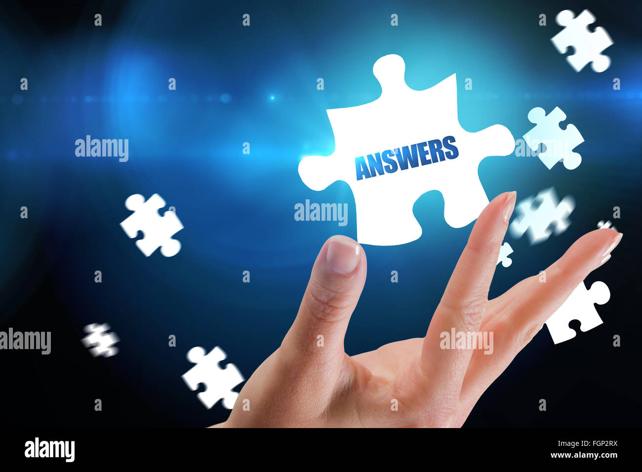 Answers against blue background with vignette Stock Photo - Alamy