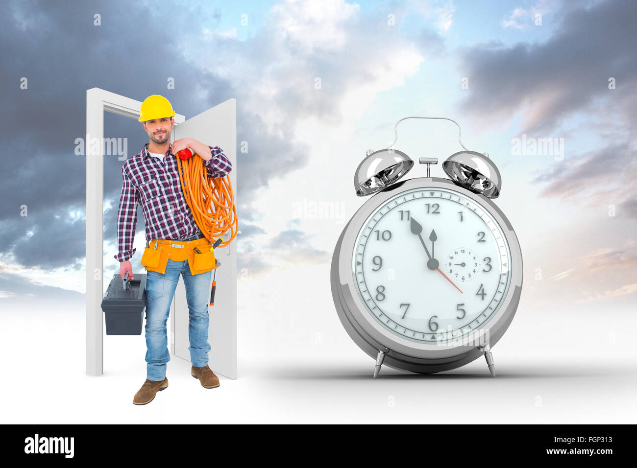 Composite image of handyman holding tool box and multimeter Stock Photo ...