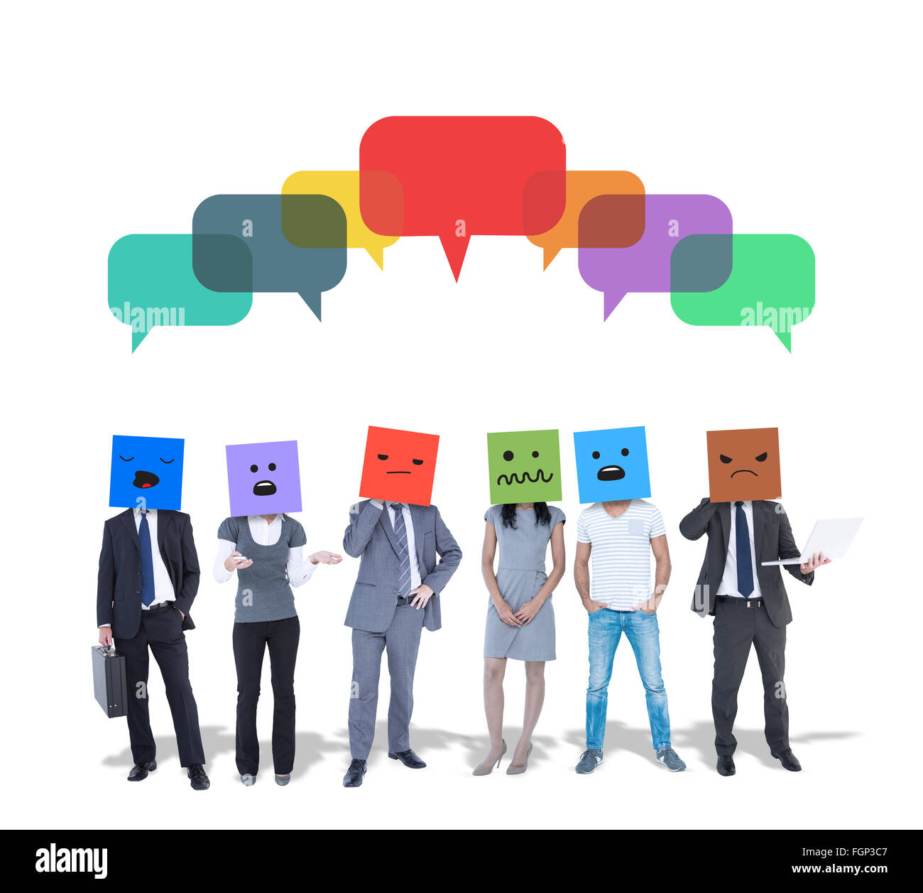 Composite image of people with boxes on their heads Stock Photo - Alamy