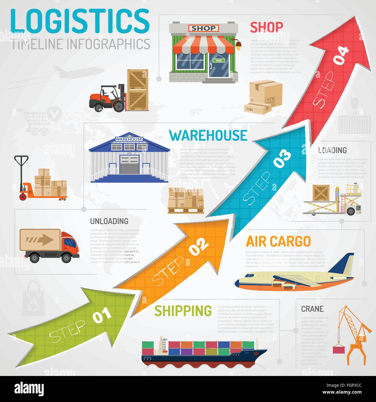 Logistics Infographics in Flat style icons such as Truck, Plane, Ship, Shop, Warehouse with ...