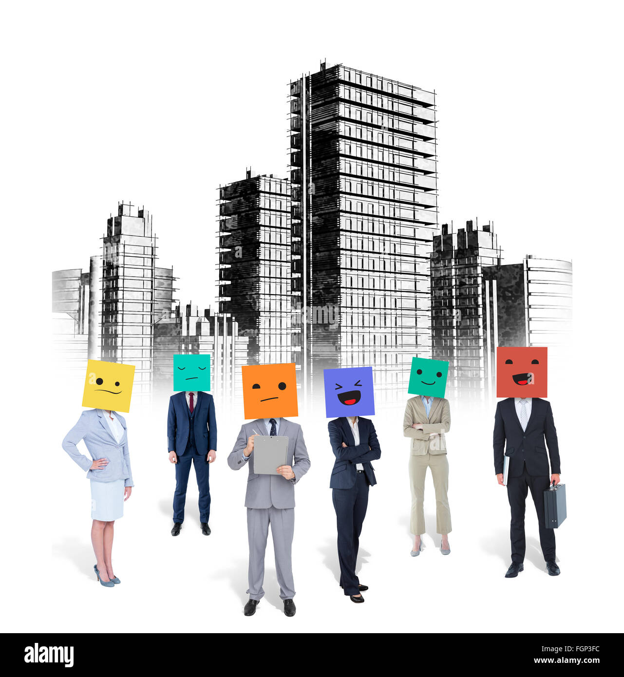 Composite image of people with boxes on their heads Stock Photo - Alamy