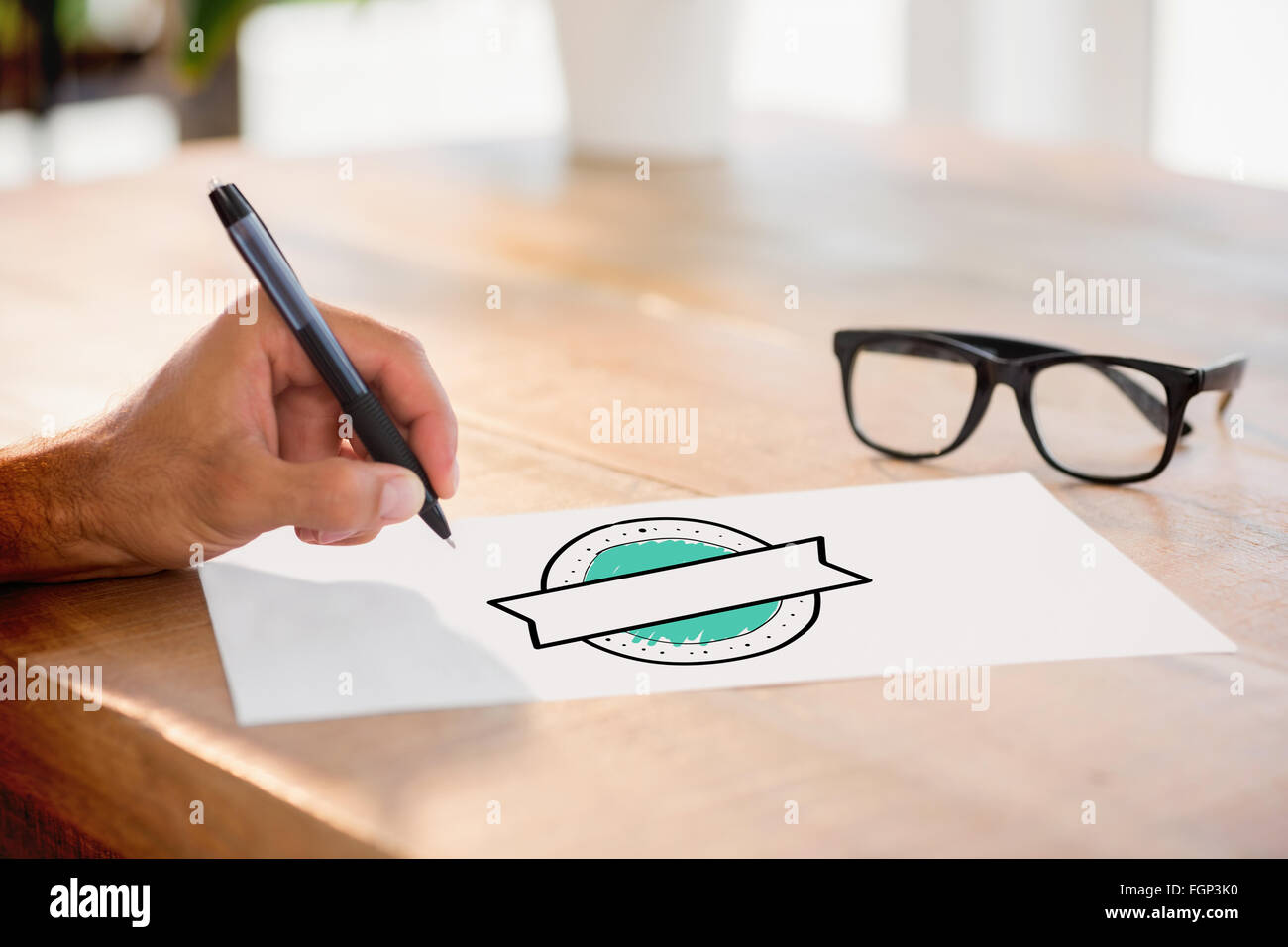 Composite image of side view of hand writing on white page on working ...