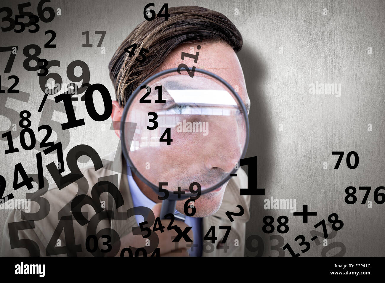 Composite image of spy looking through magnifier Stock Photo - Alamy