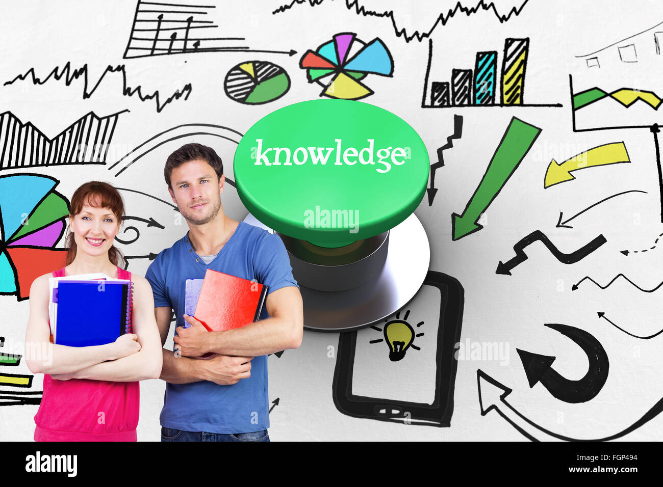 Knowledge against digitally generated green push button Stock Photo - Alamy