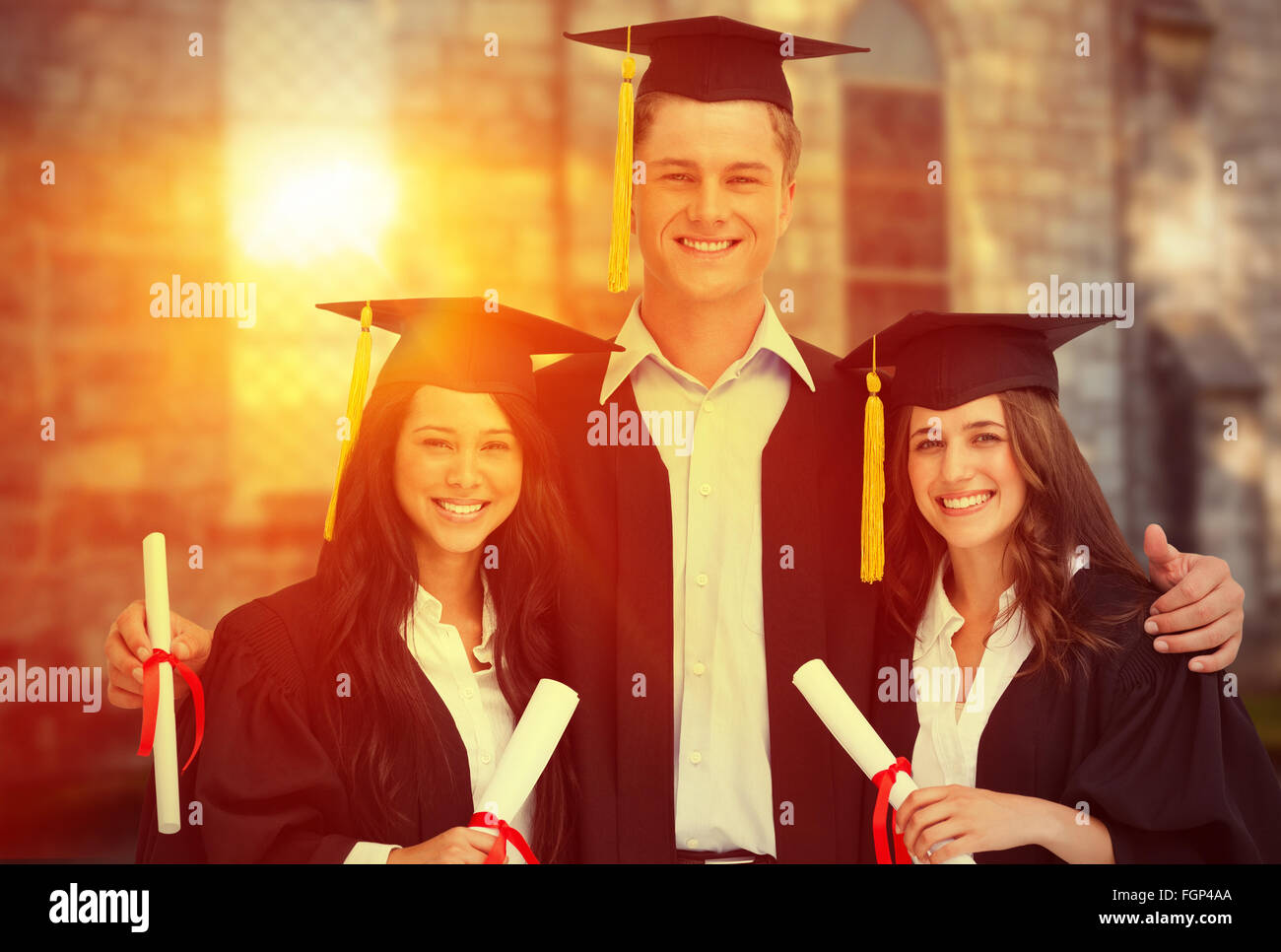 Composite image of three friends graduate from college together Stock ...
