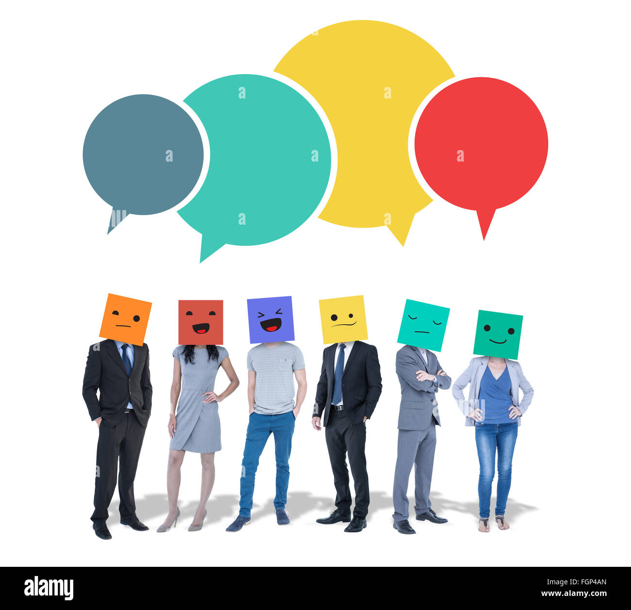 Composite image of people with boxes on their heads Stock Photo - Alamy