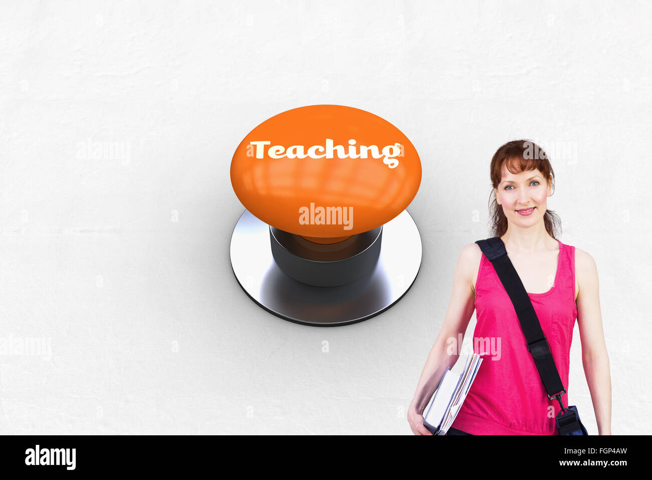 Teaching against orange push button Stock Photo - Alamy