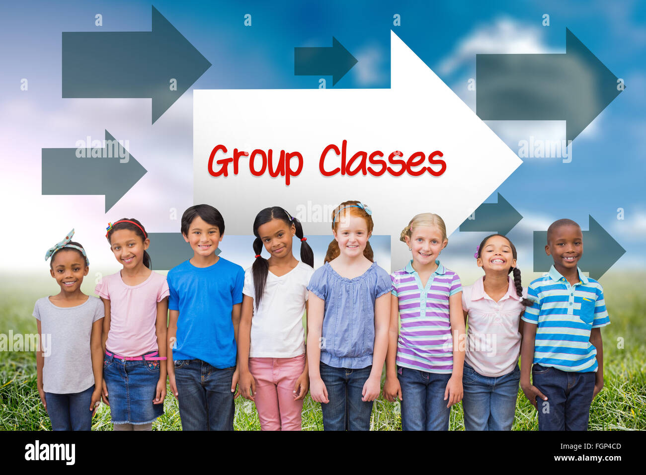 Group classes against sunny landscape Stock Photo - Alamy