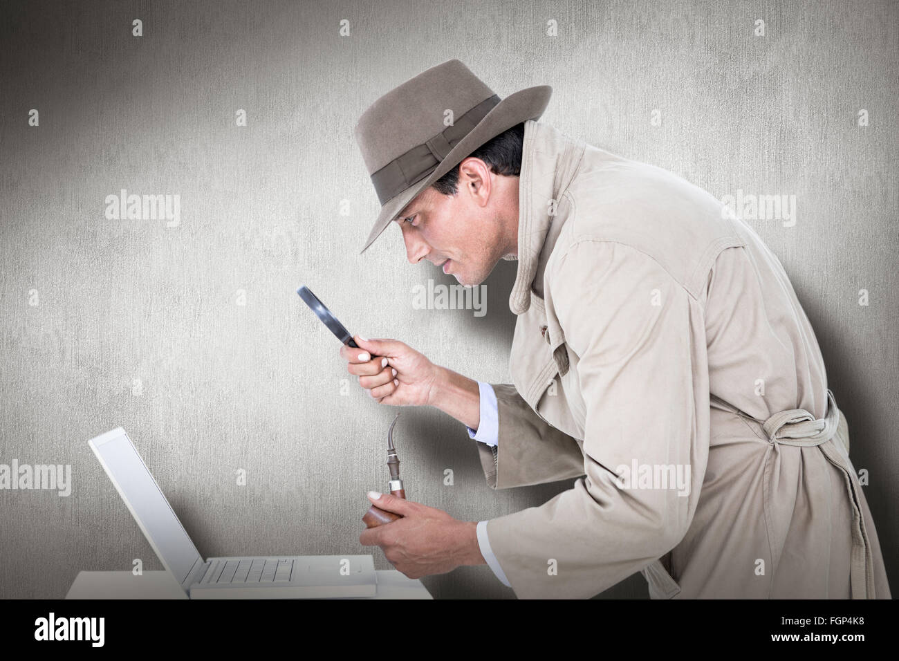 Composite image of spy looking through magnifier Stock Photo - Alamy