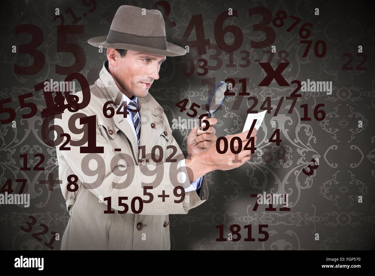 Composite image of spy looking through magnifier Stock Photo - Alamy