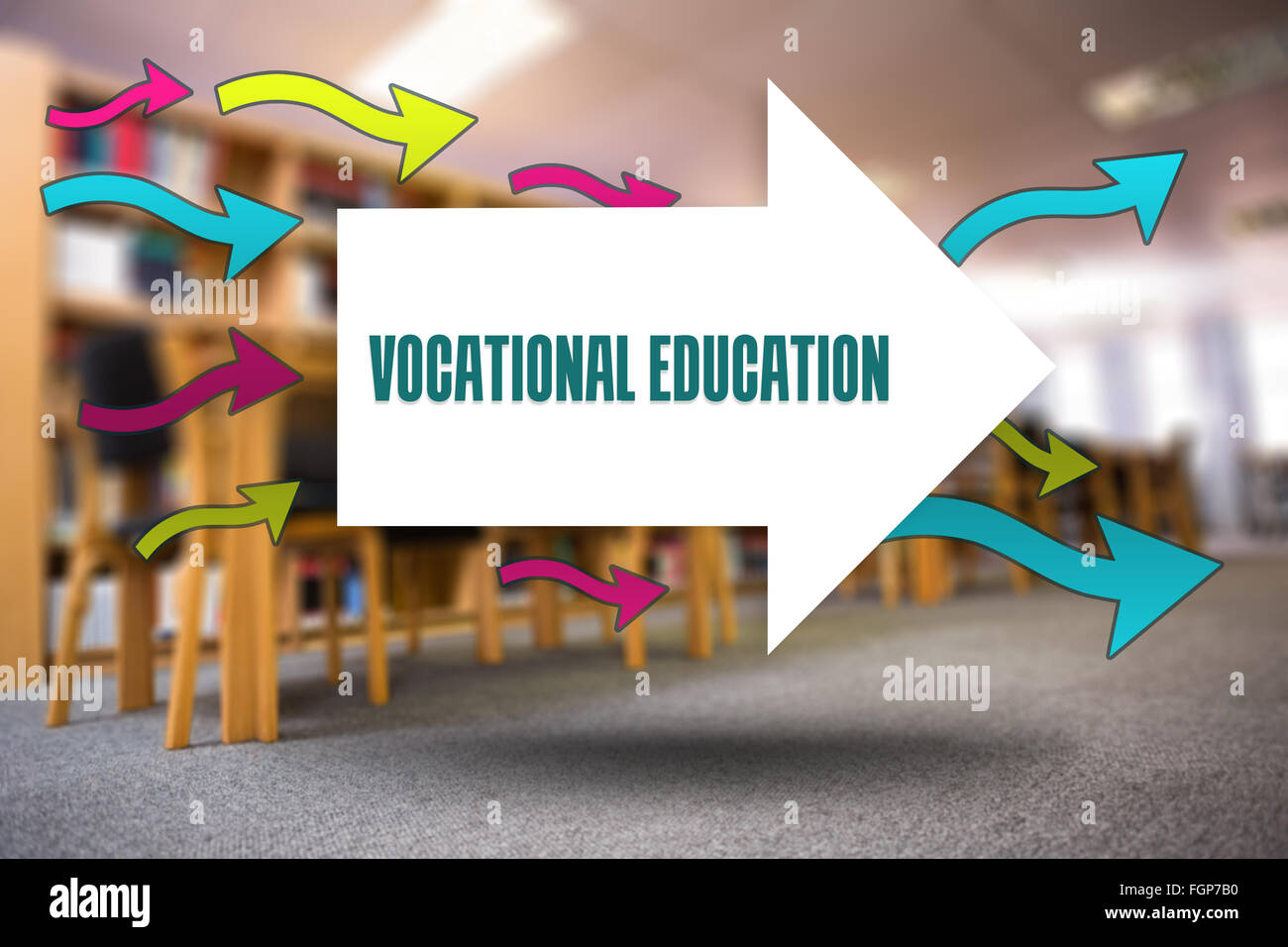Vocational education against volumes of books on bookshelf in library ...
