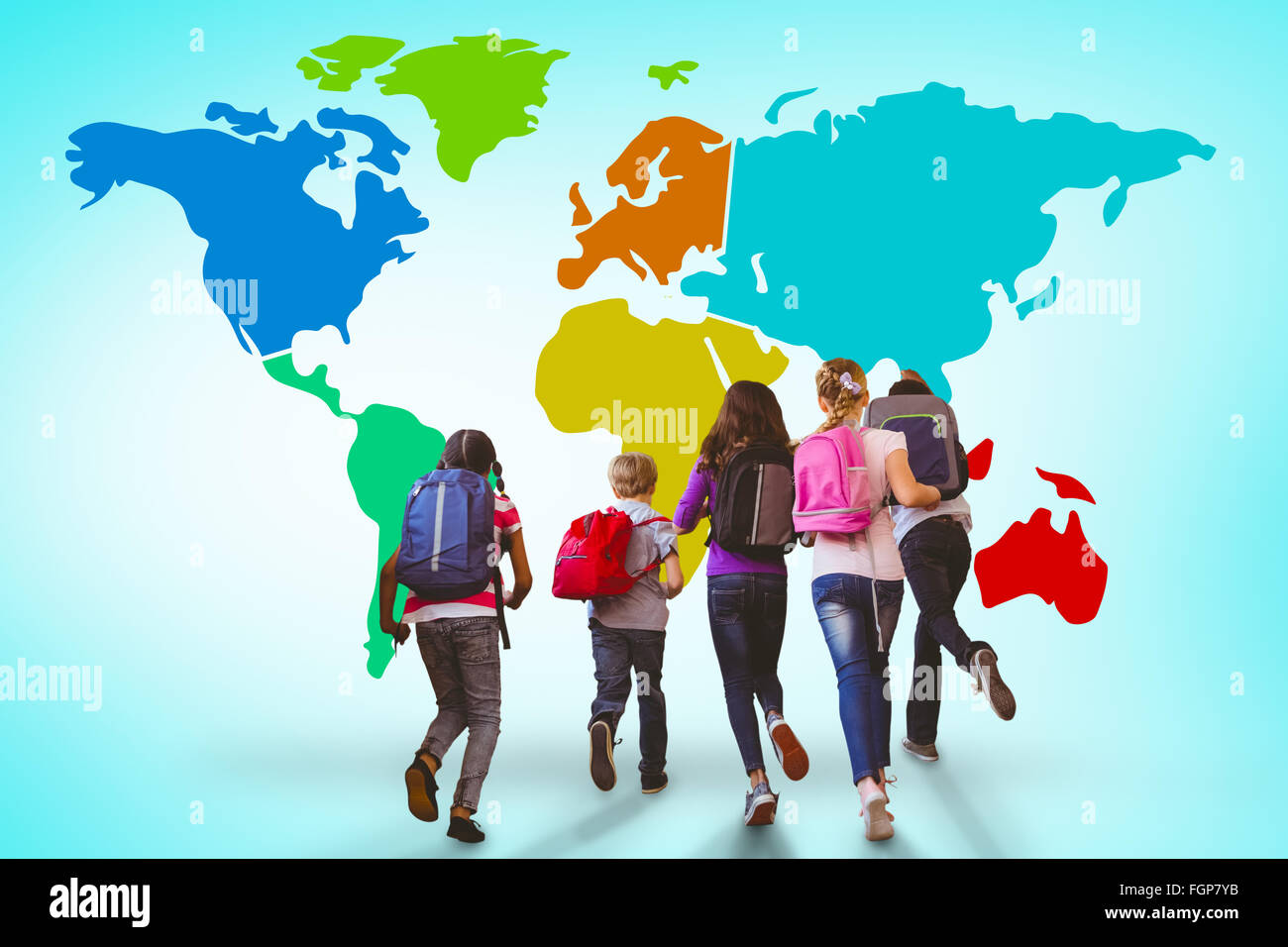 Composite image of school kids running in school corridor Stock Photo ...