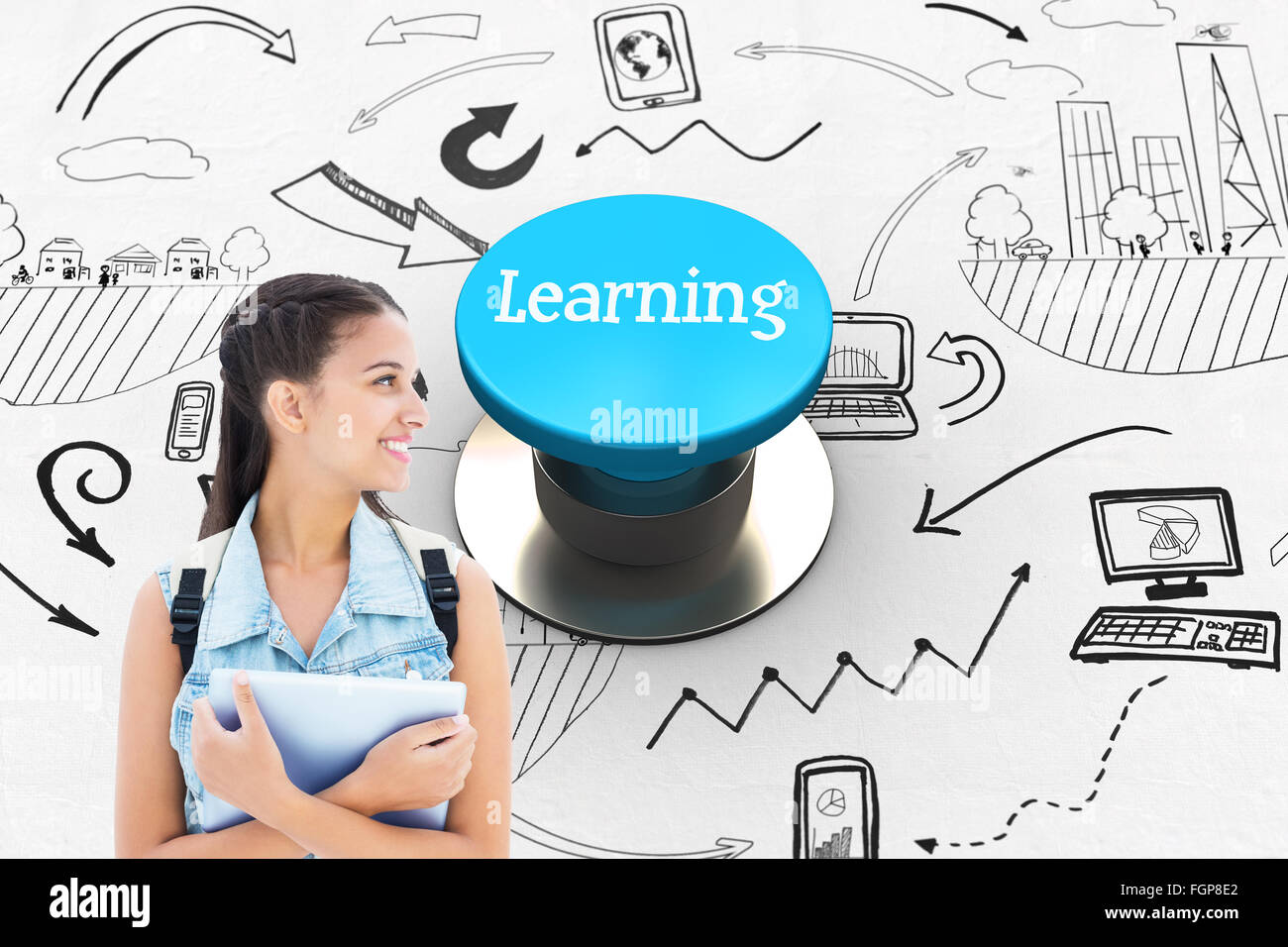 Learning against blue push button Stock Photo - Alamy