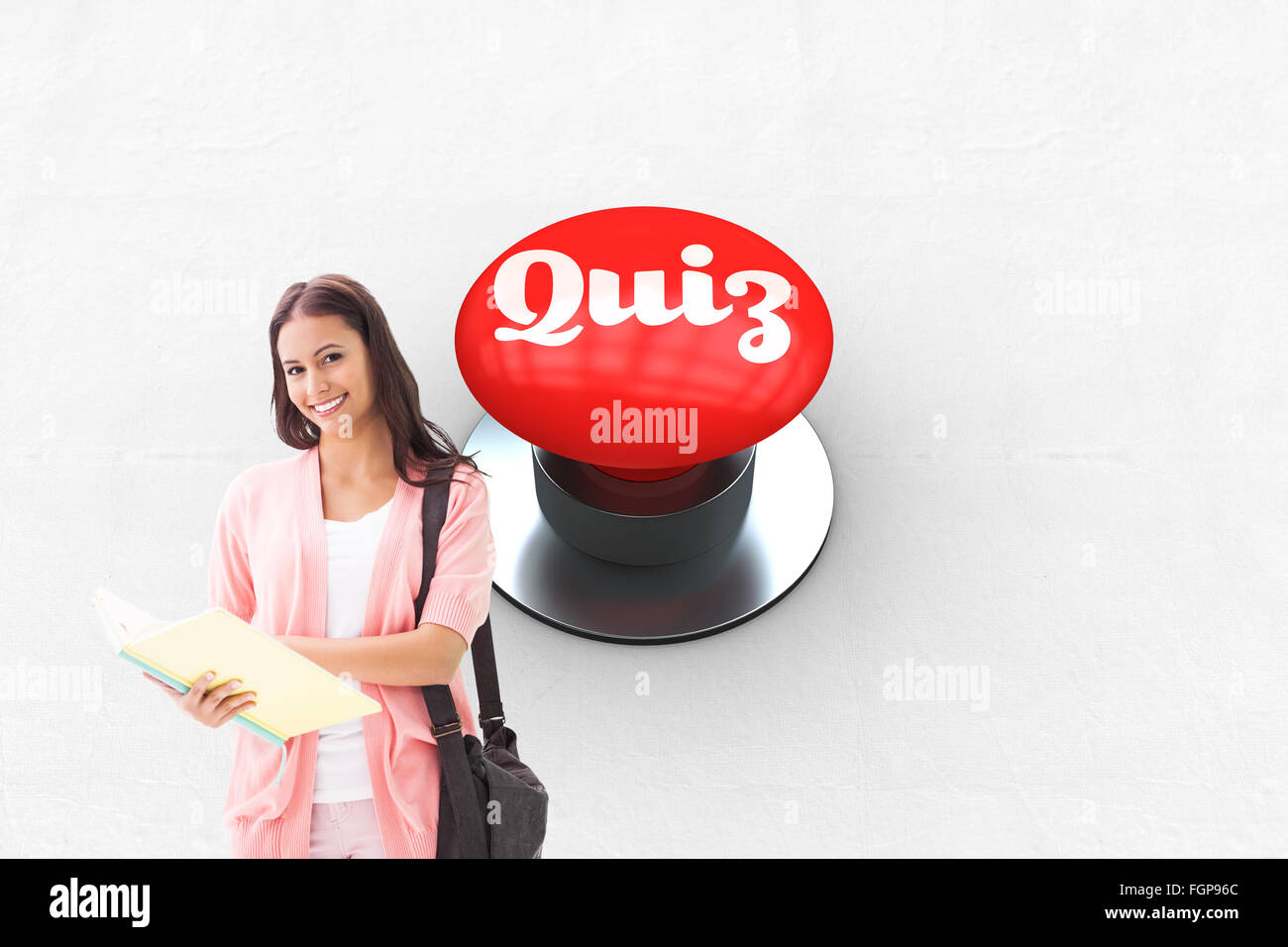 Quiz against digitally generated red push button Stock Photo - Alamy