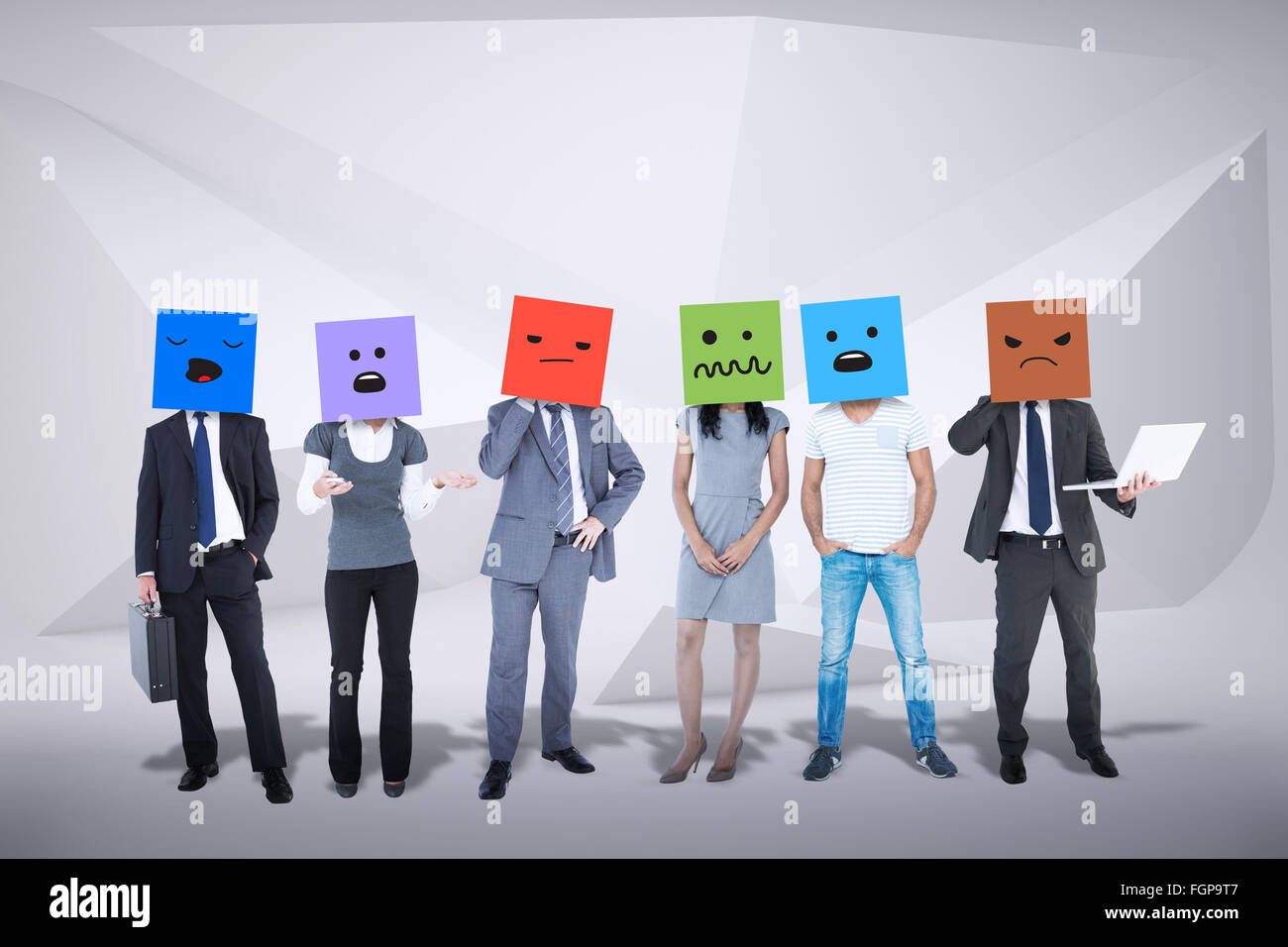 Composite image of people with boxes on their heads Stock Photo - Alamy