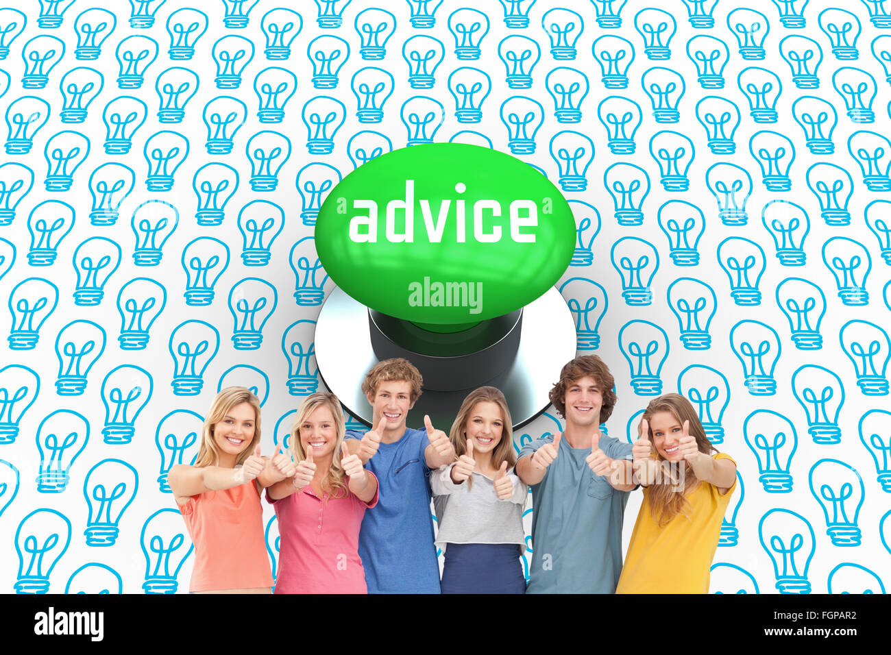 Advice against digitally generated green push button Stock Photo - Alamy