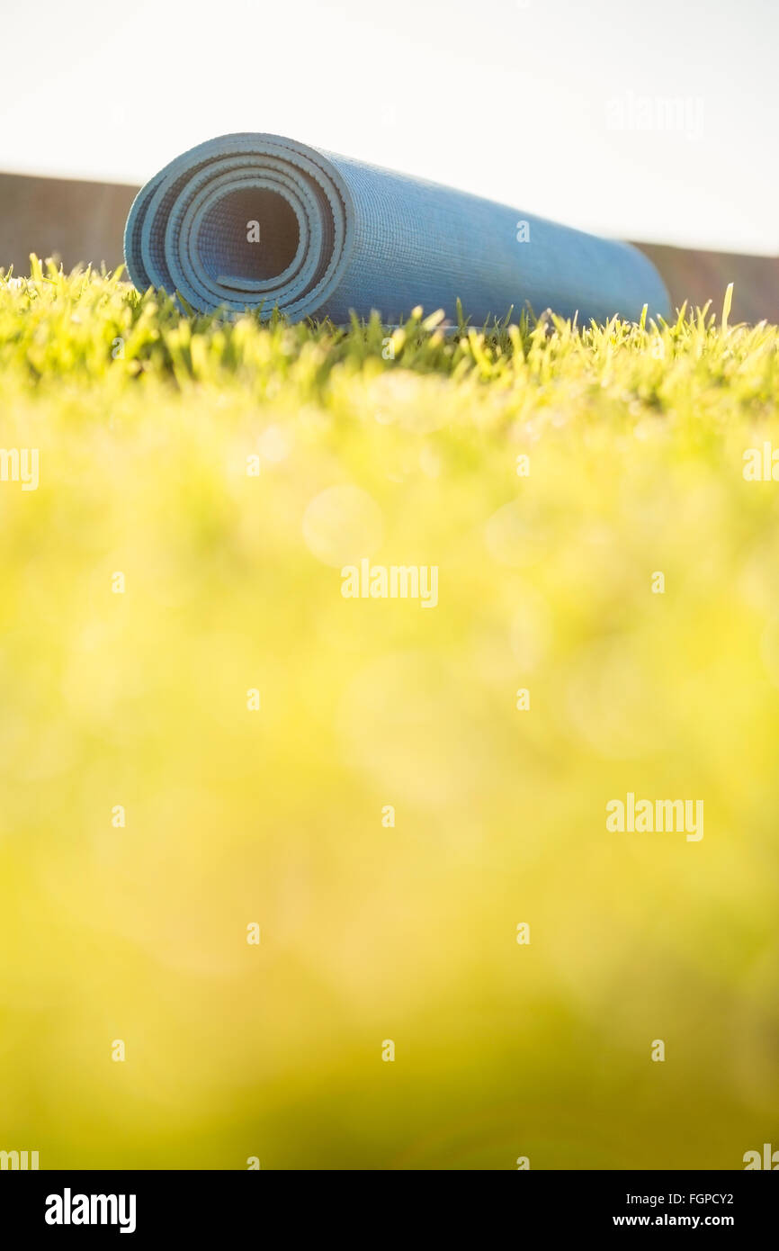 Exercise mat lying on the grass Stock Photo - Alamy