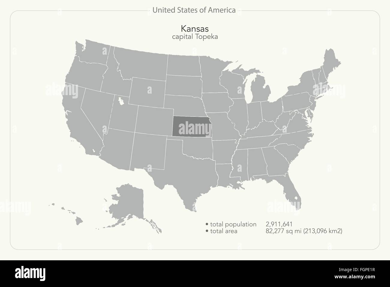 United States of America isolated map and Kansas State territory ...