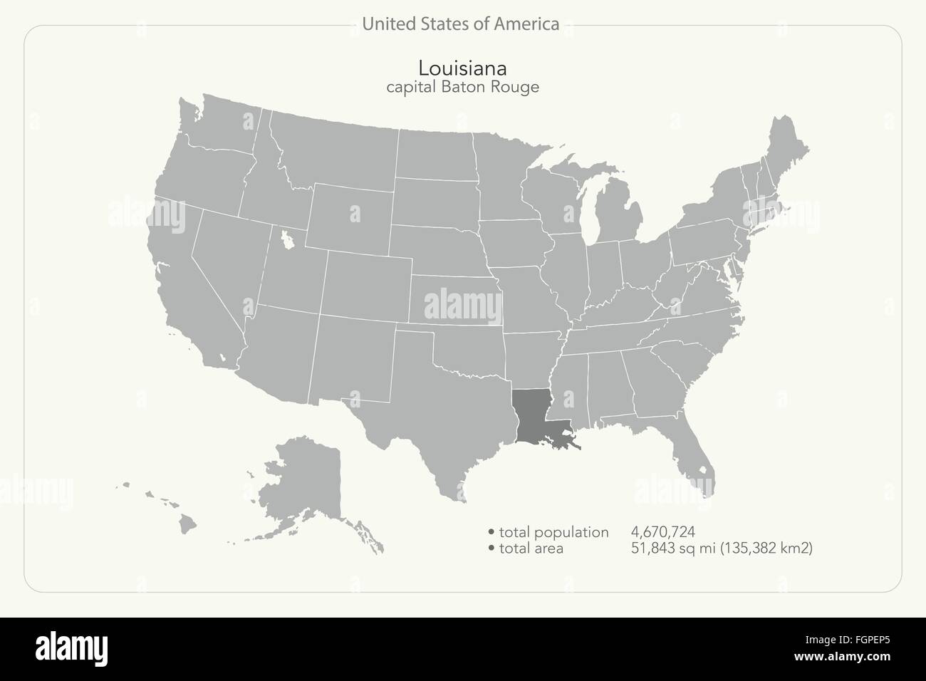 United States of America isolated map and Louisiana State territory ...