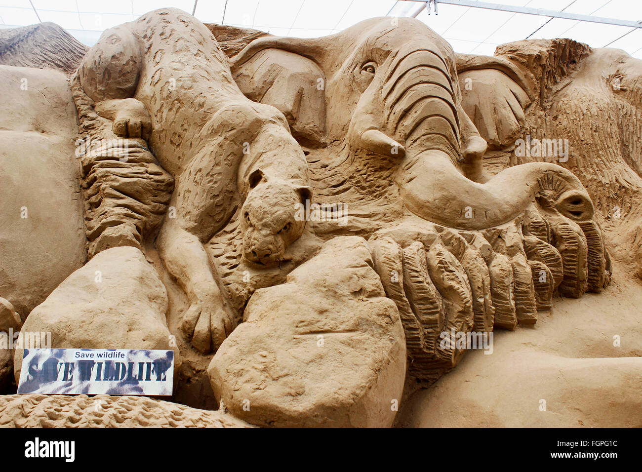 Sand art sculpture depicting wildlife at Sand museum, Mysuru, Karnataka ...