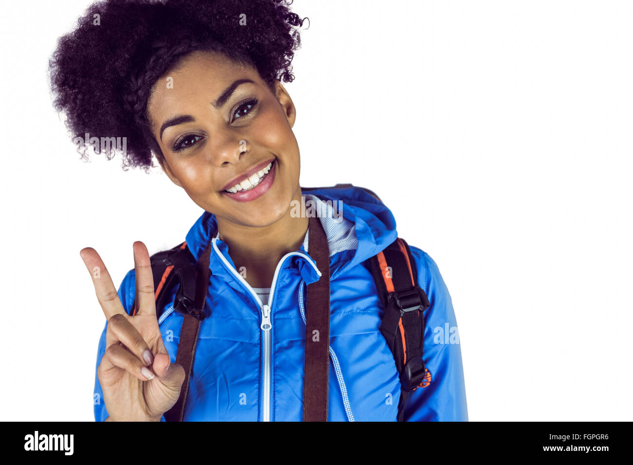 Young woman doing the peace sign Stock Photo - Alamy