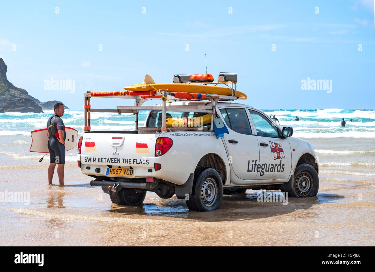 A lifeguards emergency vehicle on the beach at Mawgan Porth in Cornwall ...