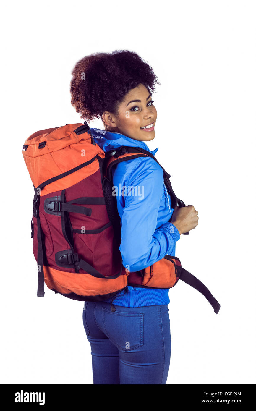 Portrait of a young woman with backpack Stock Photo - Alamy