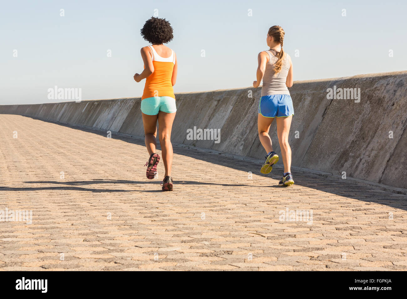 Rear view of two young women jogging together Stock Photo - Alamy
