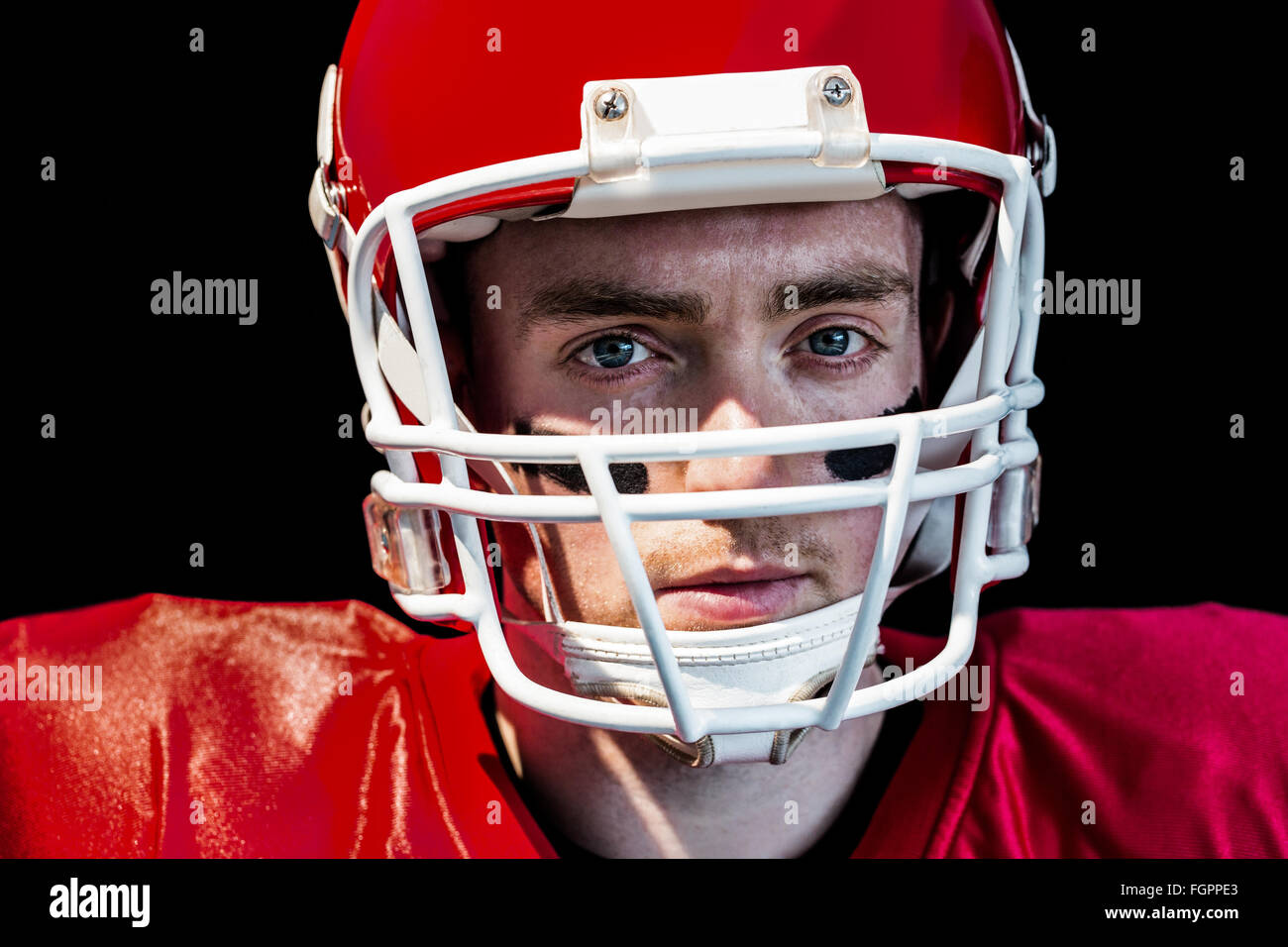 Portrait of american football player wearing his helmet Stock Photo - Alamy