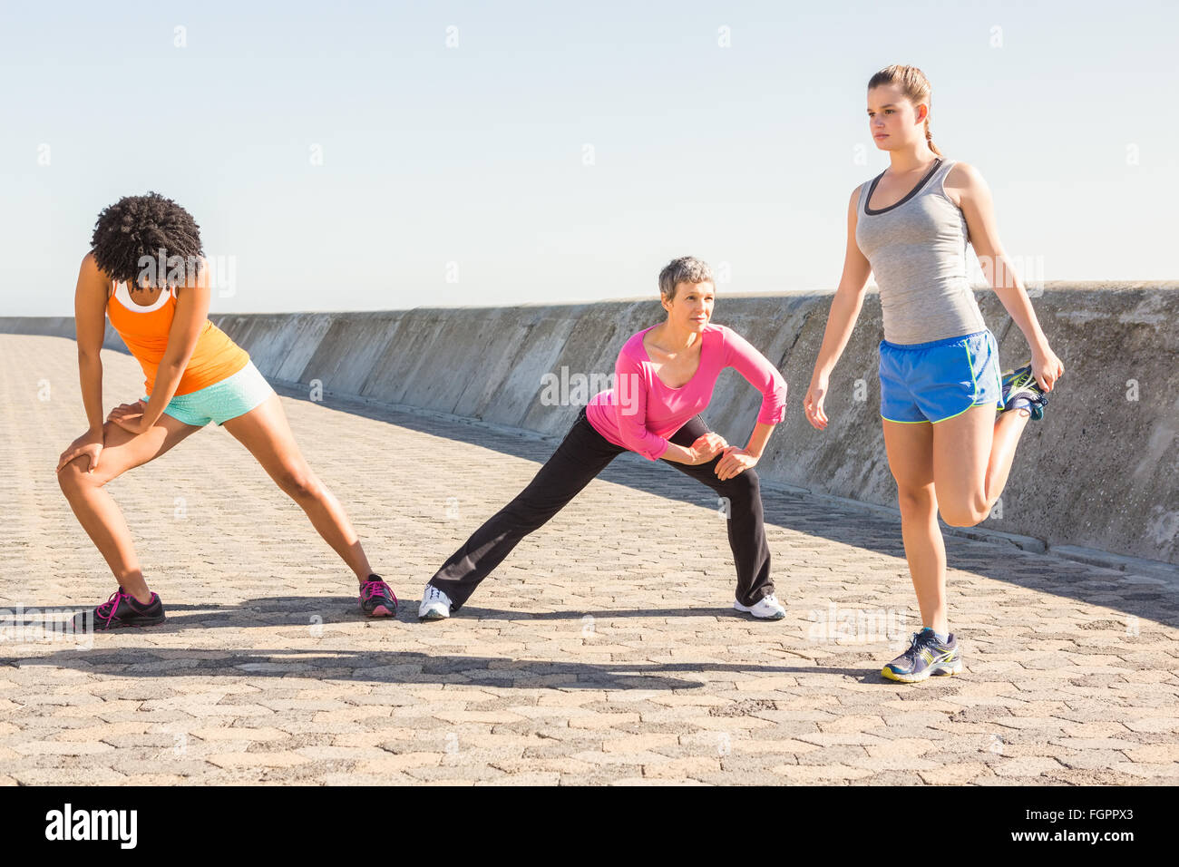 Sporty women stretching together Stock Photo - Alamy