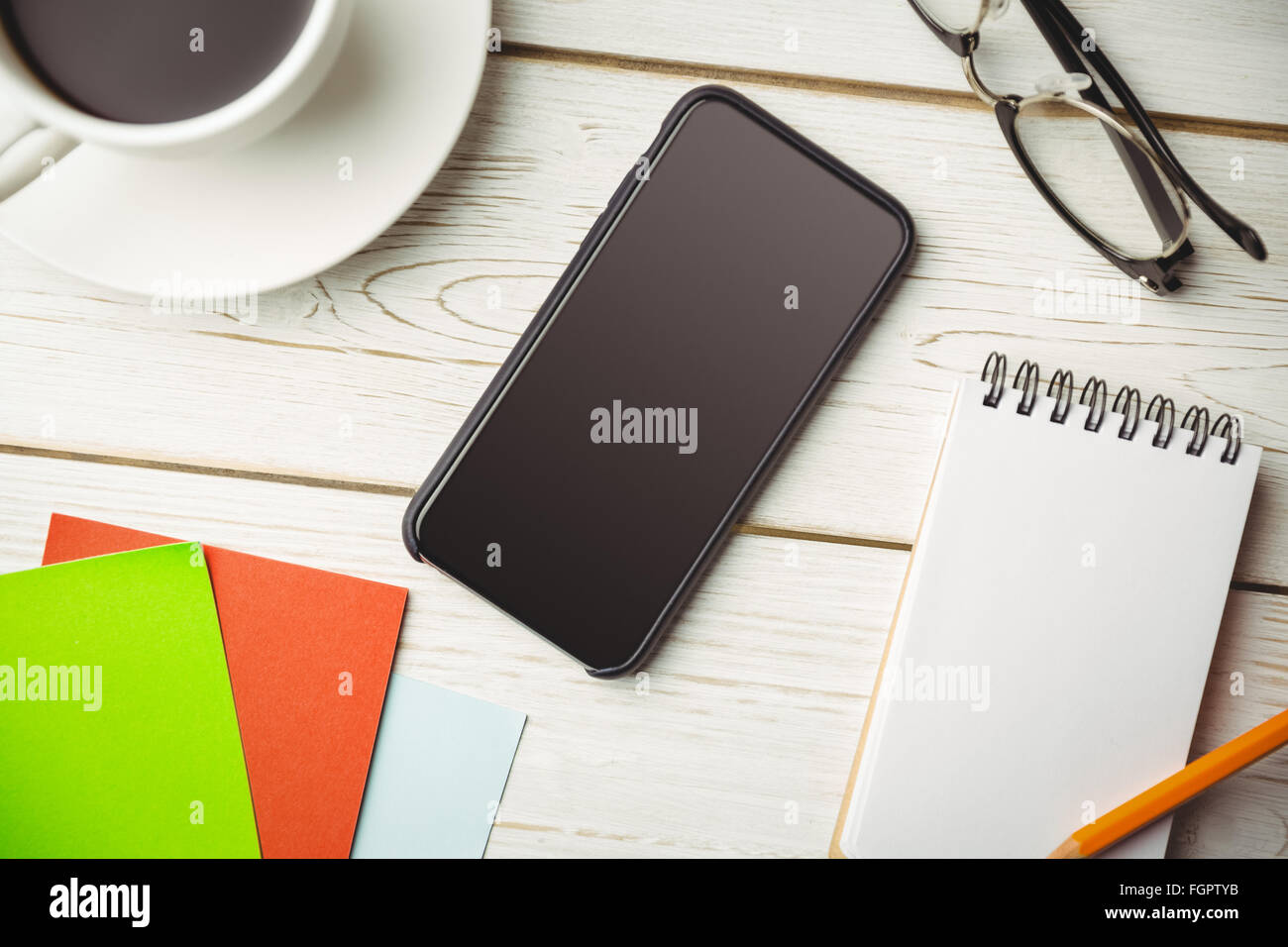 Overhead view of an desk Stock Photo - Alamy