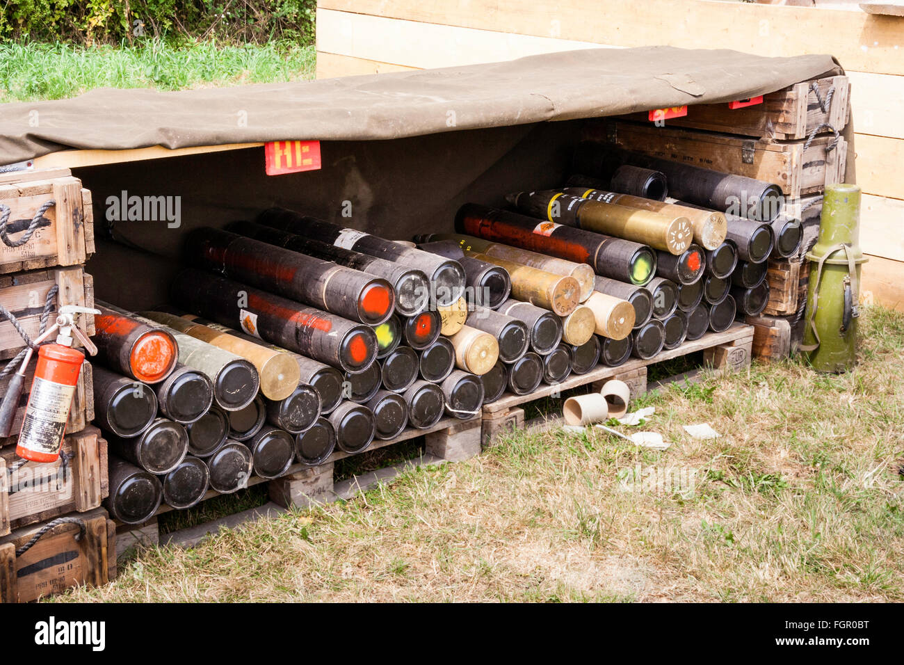 Vietnam war re-enactment. Wooden bunker for US army 105mm howitzer ...
