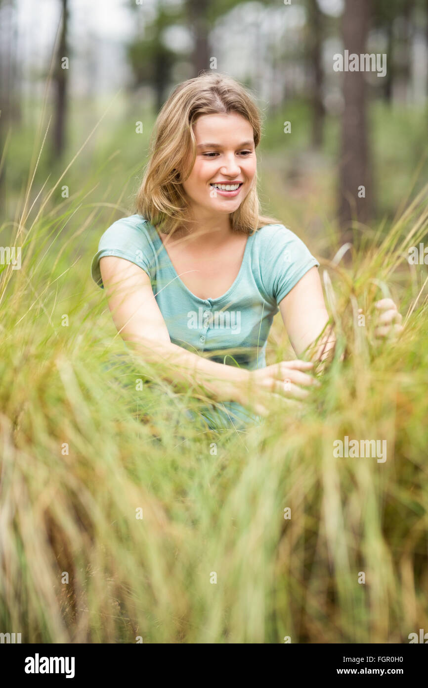 Young pretty hiker sitting in the high grass Stock Photo - Alamy