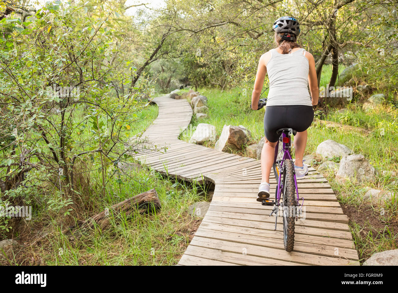 Rear view of athletic brunette mountain biking on wooden path Stock ...