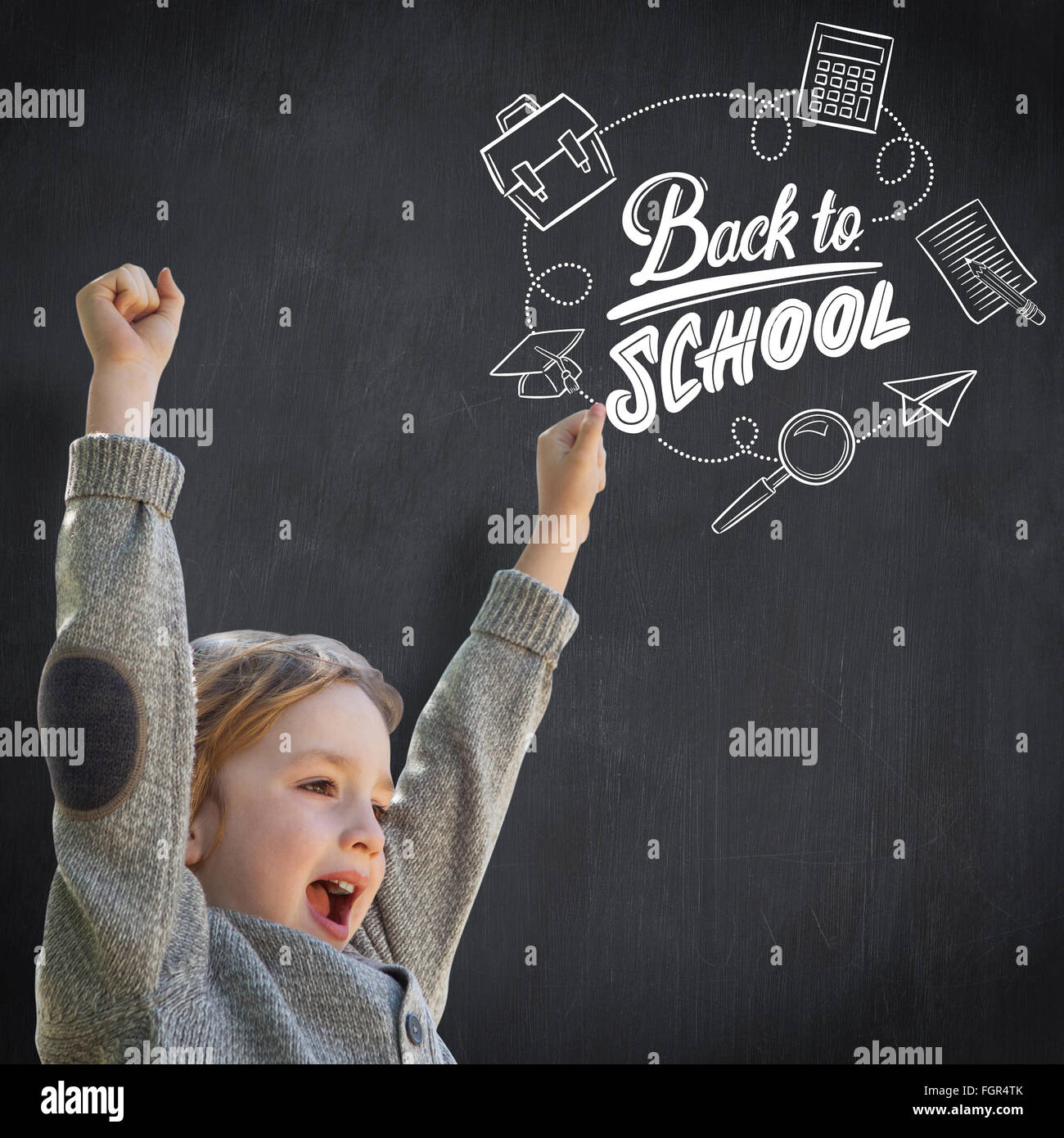 Composite image of cute little boy cheering in park Stock Photo - Alamy