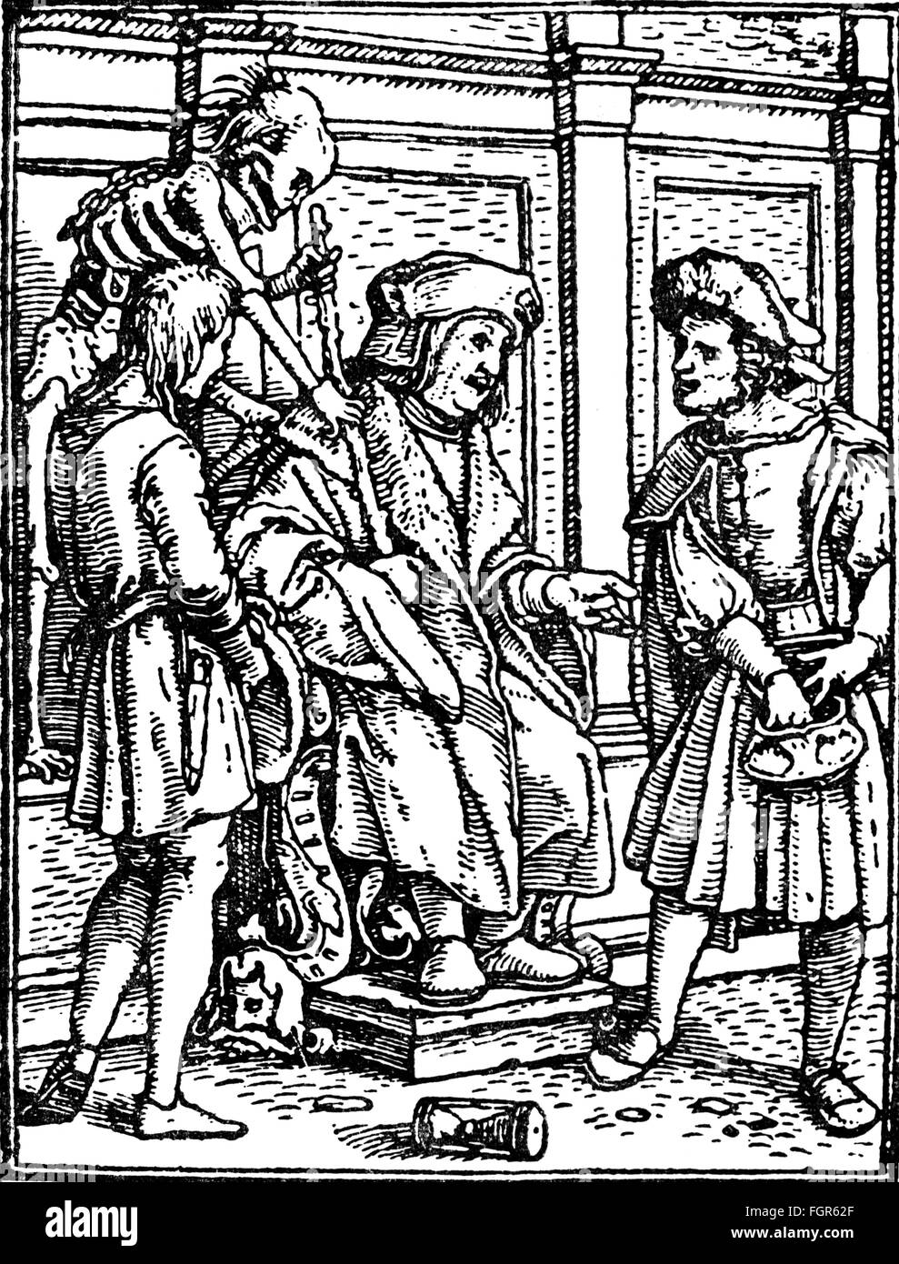 justice, judge, death taking the baton out of the judge's hand, woodcut ...