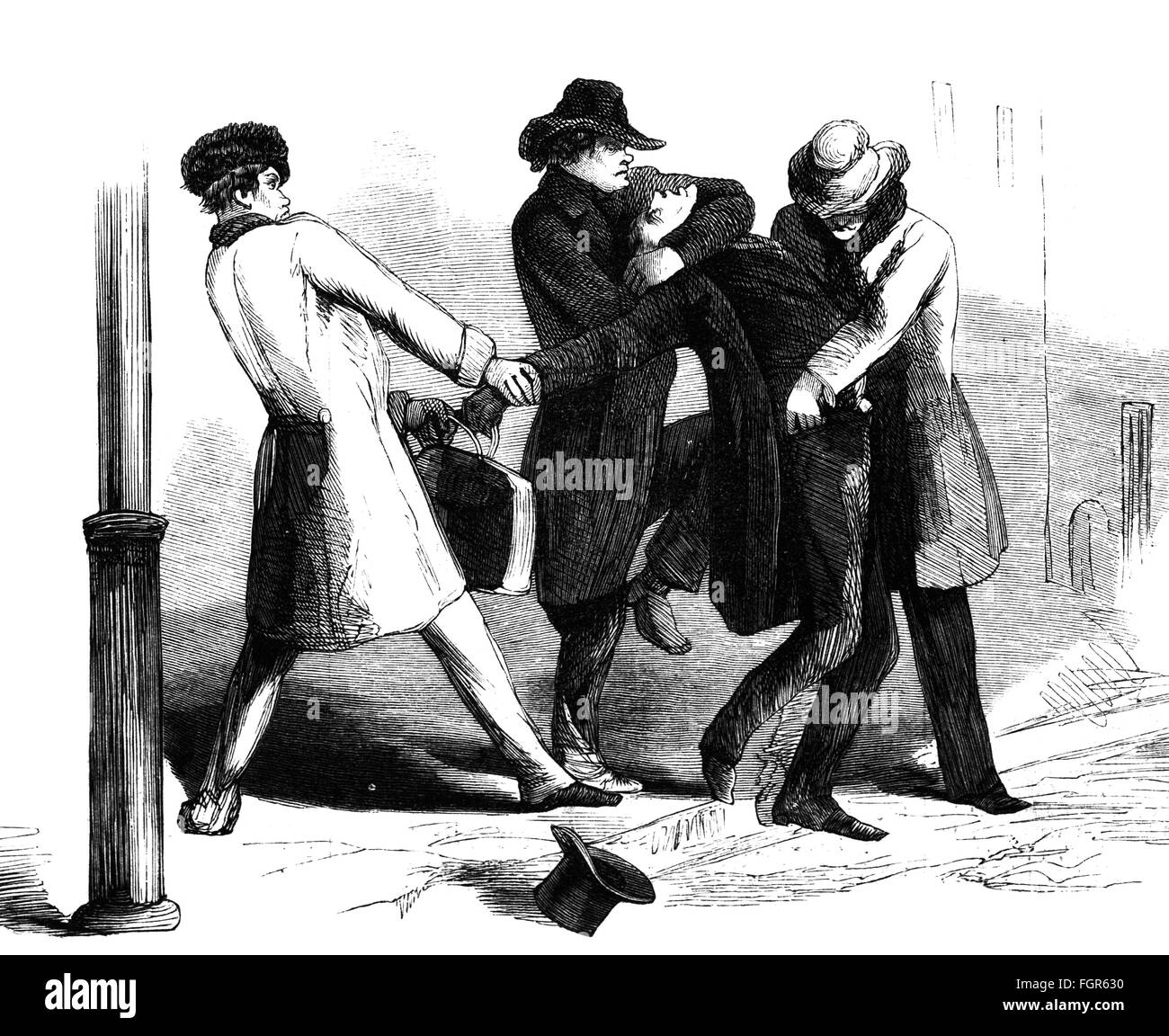 justice, crime, robbery, street robbery, New York, wood engraving, 1857 ...