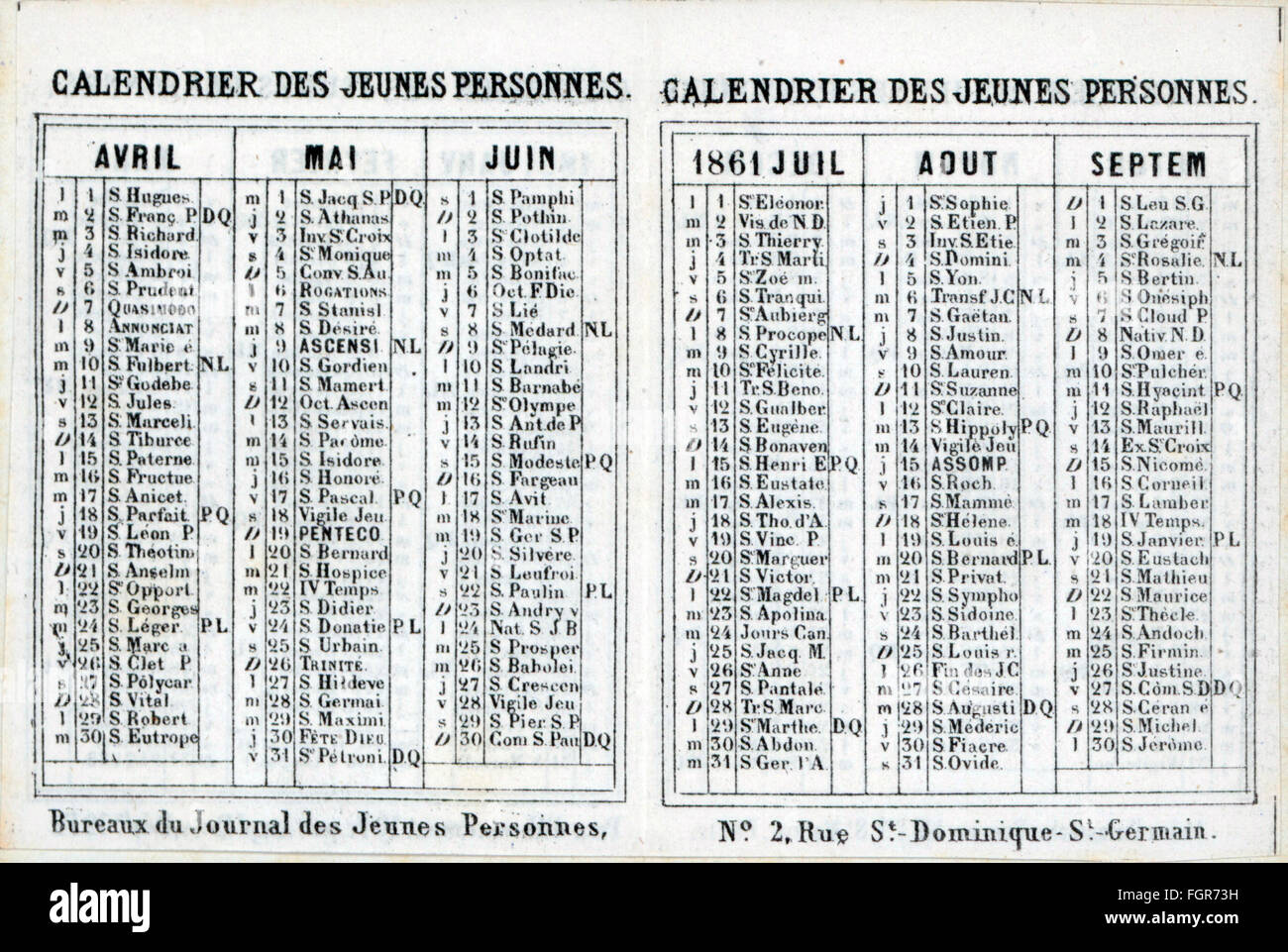 calendar, "Calendrier des Jeunes Personnes" (calendar for the youth ...