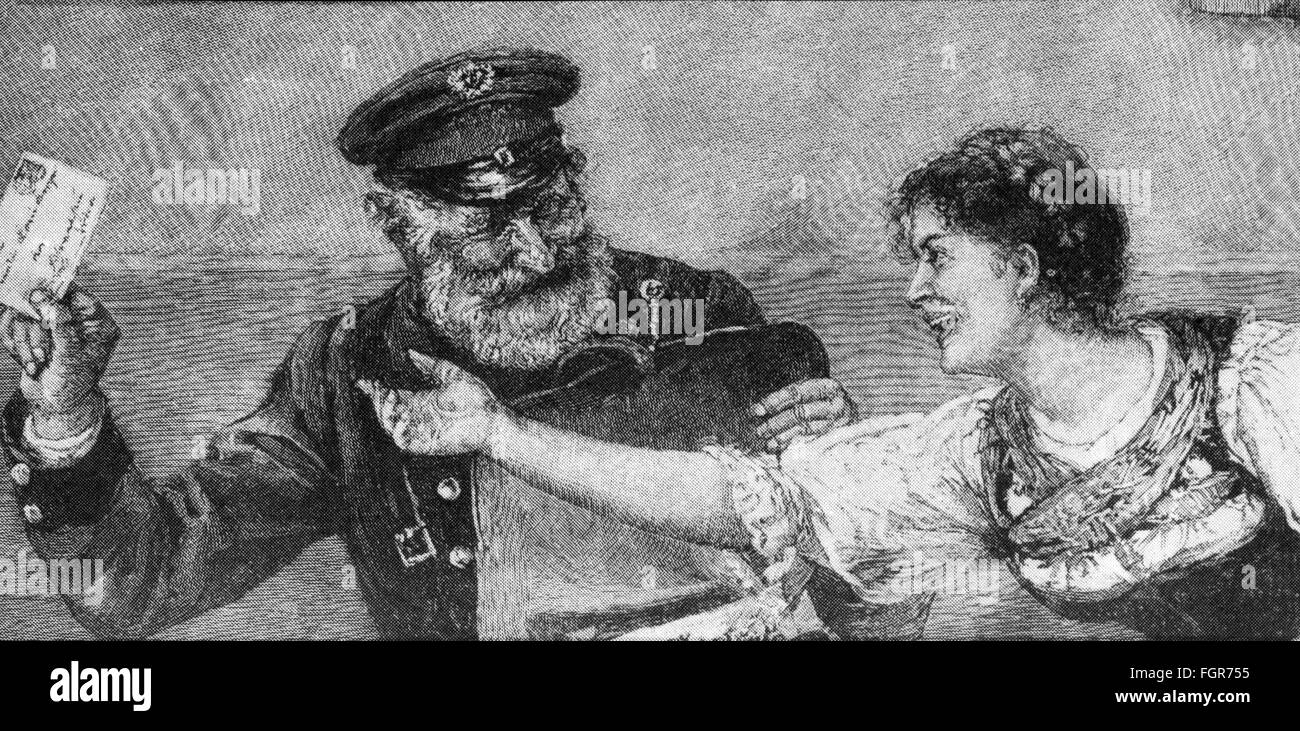 mail, postman, postman joking with young woman, wood engraving, 19th ...