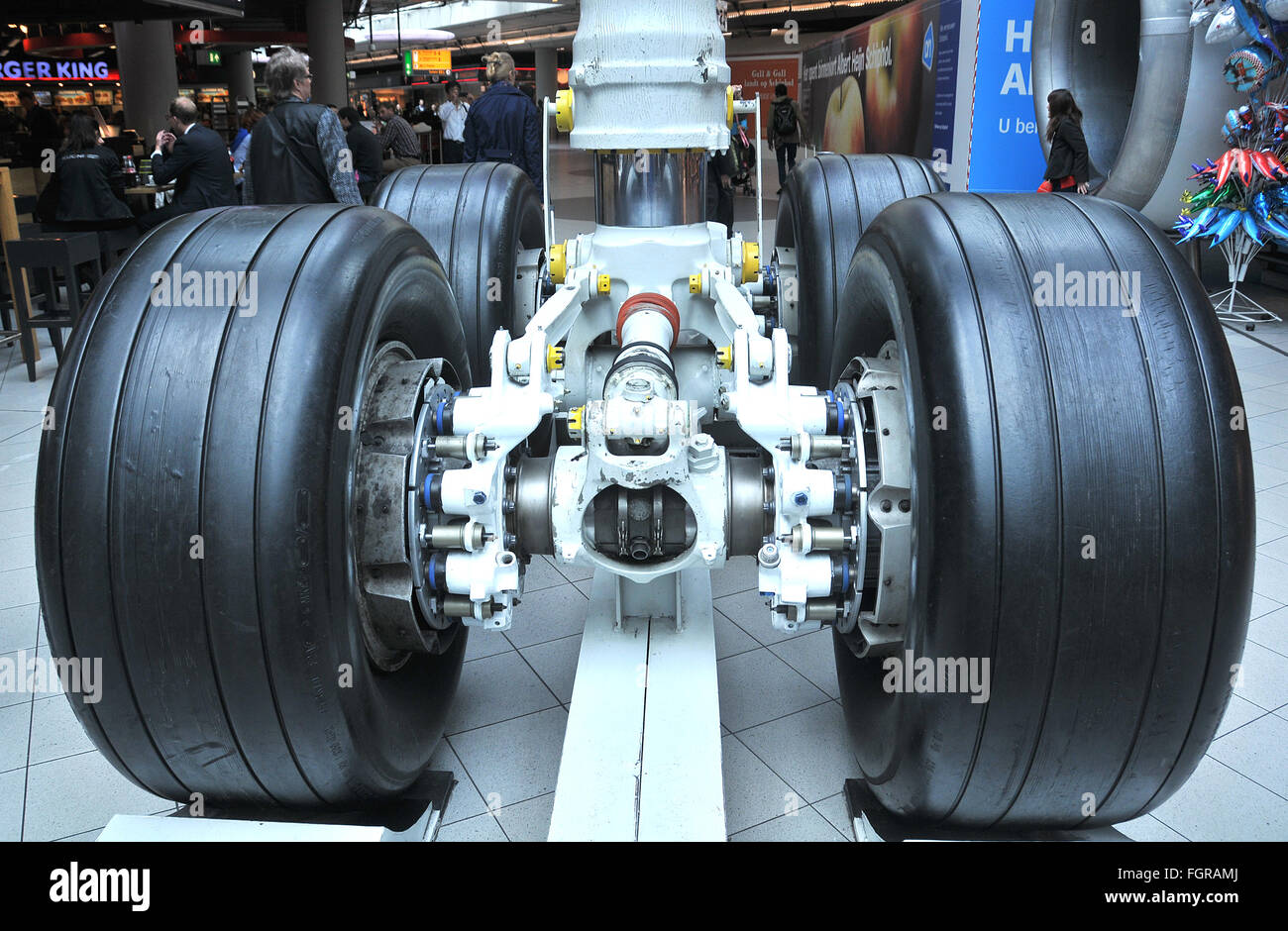 close up on undercarriage of plane in hall of Schiphol international ...