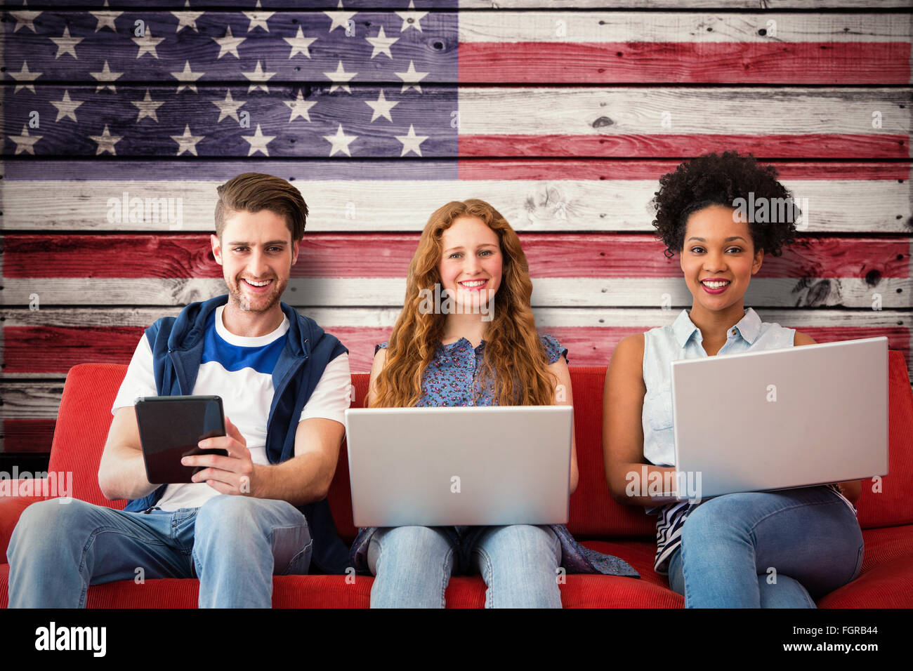 Composite image of young adults using electronic devices on couch Stock ...