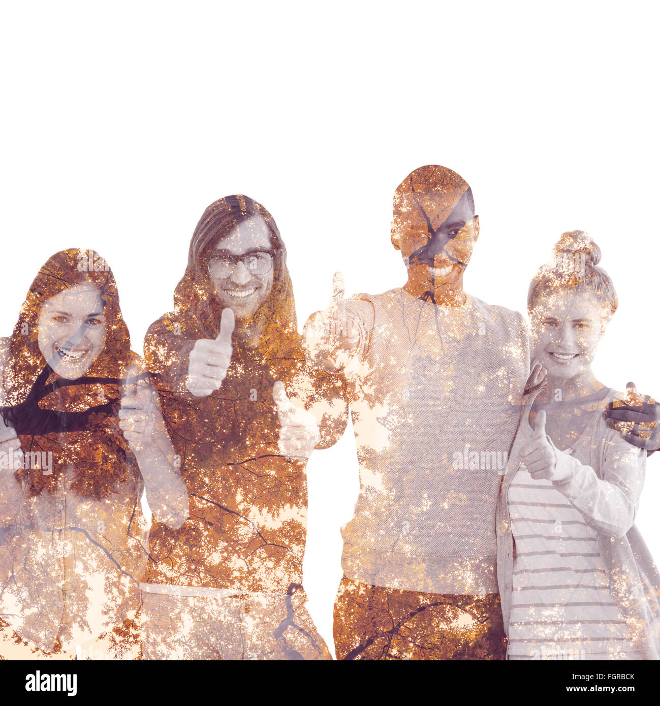 Composite image of portrait of smiling business team with thumbs up ...