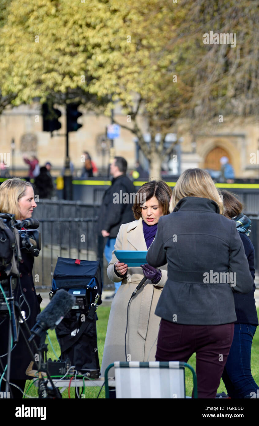 Jane Hill, BBC newsreader, reporting from College Green, Westminster ...