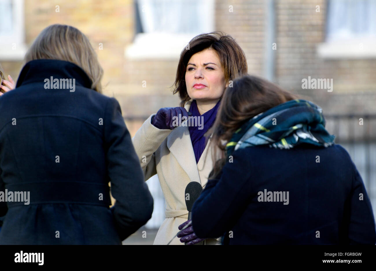 Jane Hill, BBC newsreader, reporting from College Green, Westminster as ...