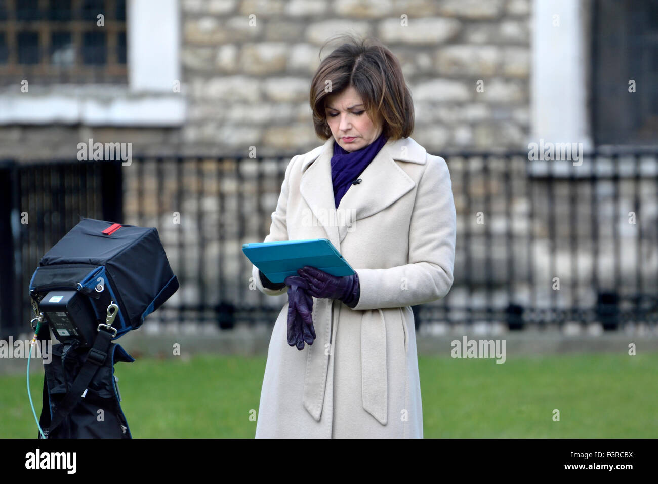 Jane Hill, BBC newsreader, reporting from College Green, Westminster as ...